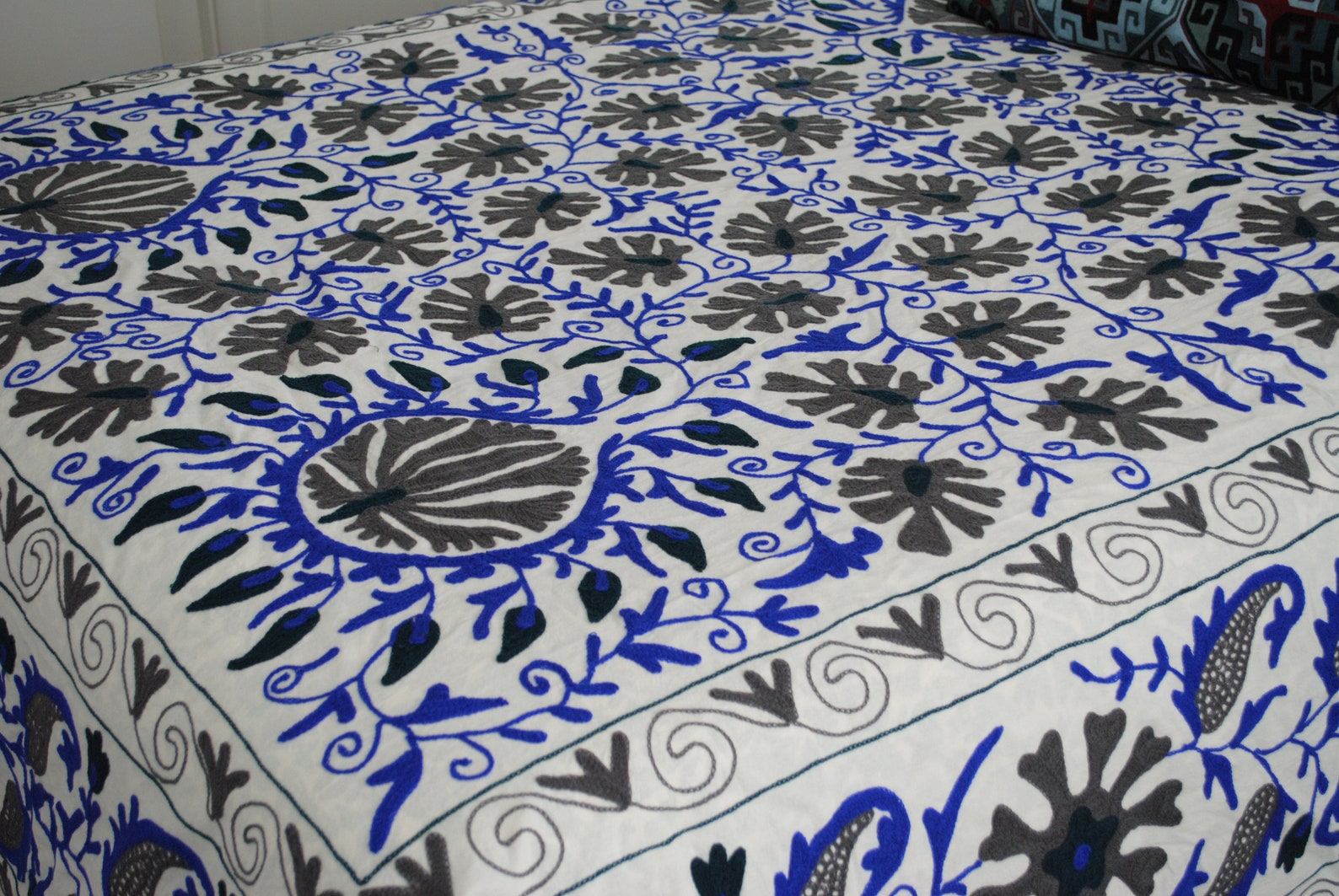 Hand Embroidered Bed Cover, Grey Bed Cover With Embroidery, Blue ...