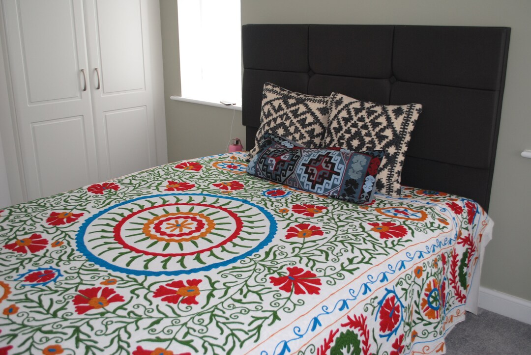 Hand Embroidered Bed Cover, Suzani Bed Cover, Floral Embroidery Bed ...