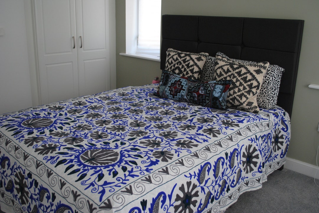 Hand Embroidered Bed Cover, Grey Bed Cover With Embroidery, Blue ...
