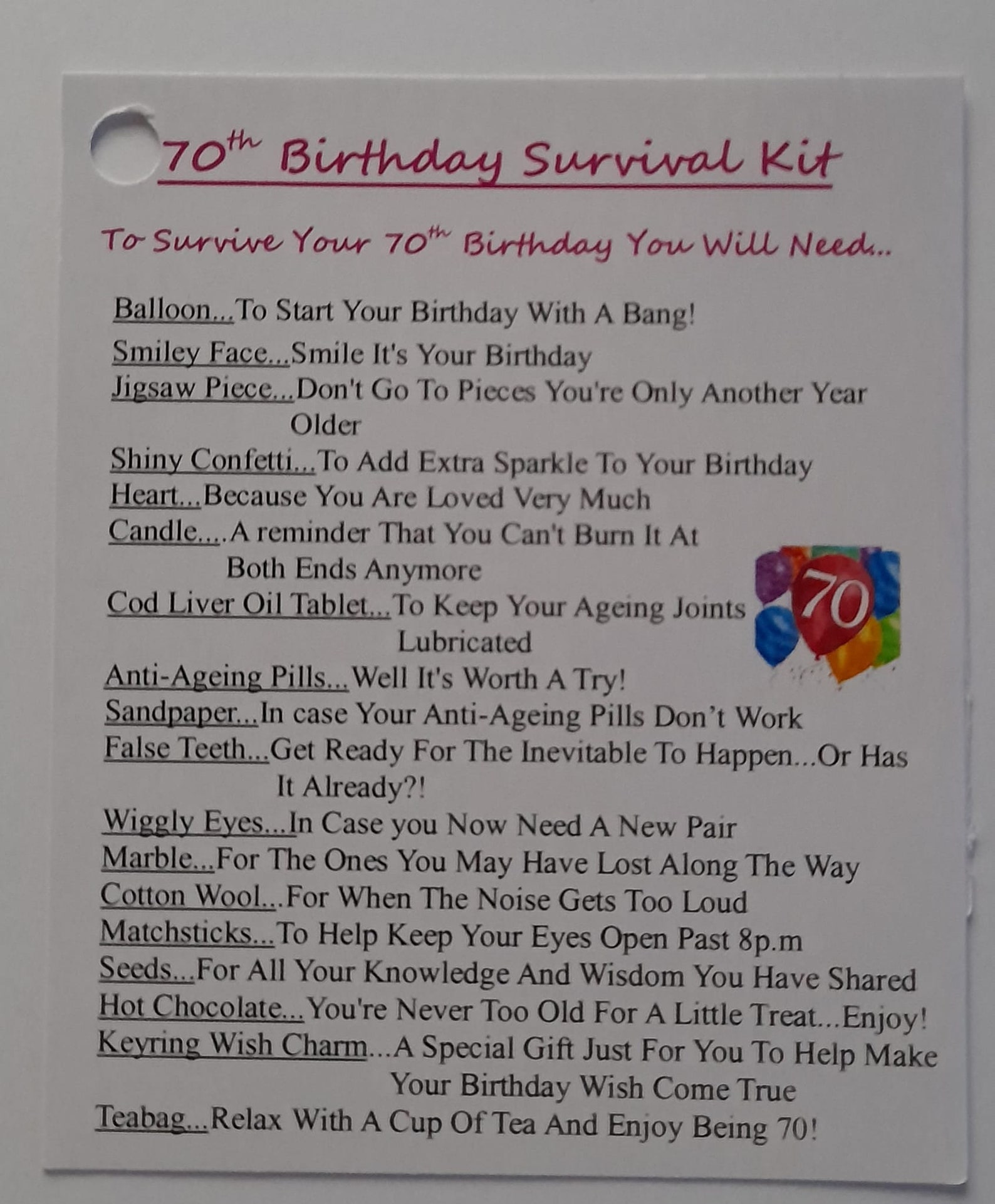 70th Birthday Survival Kit Pink or Blue A Fun Novelty - Etsy UK