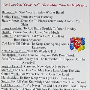 70th Birthday Survival Kit Gift, a Great Greeting Card Alternative, Fun ...