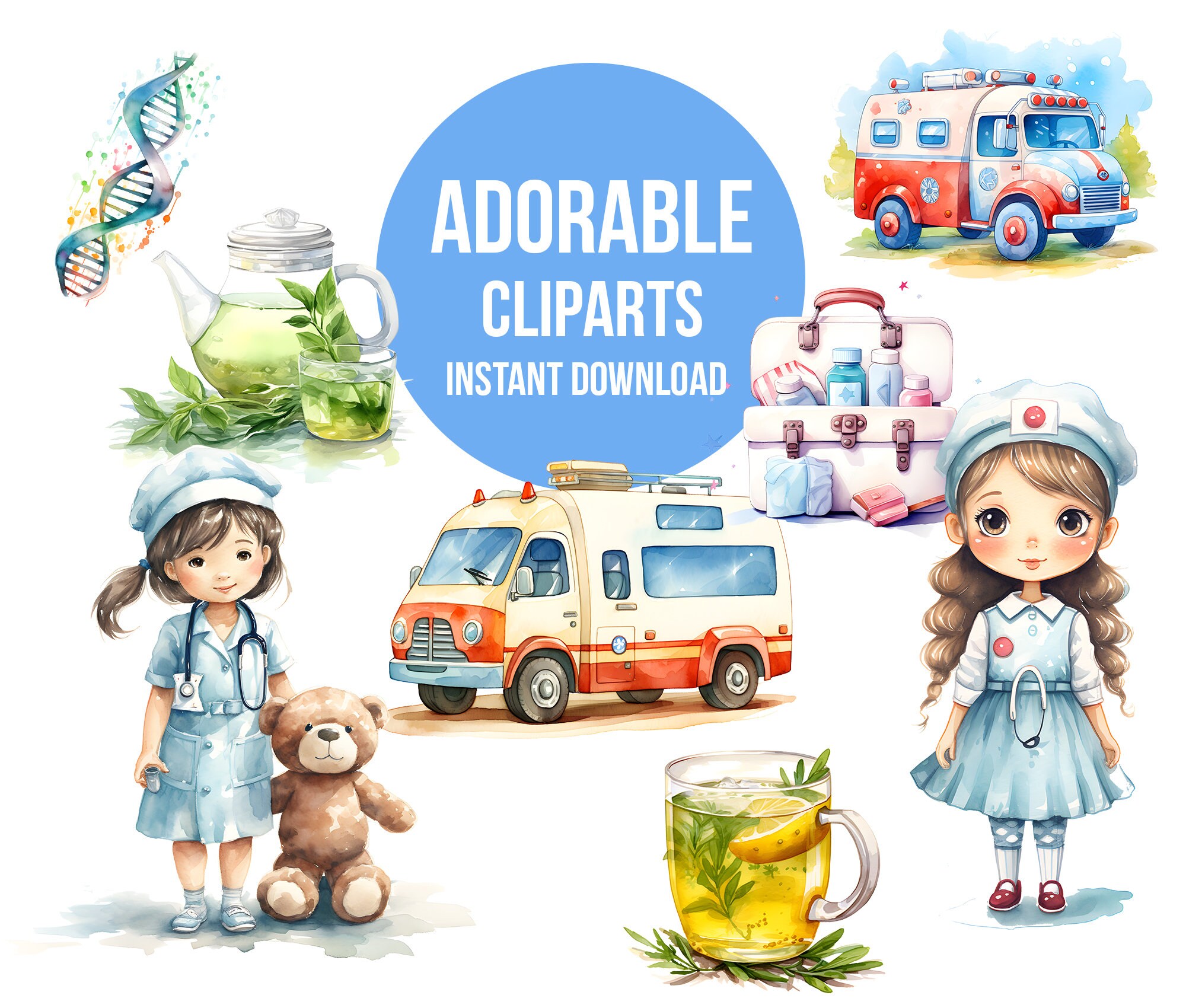 Watercolor Hospital Clipart Set, Adorable, Whimsical Style, Instant ...