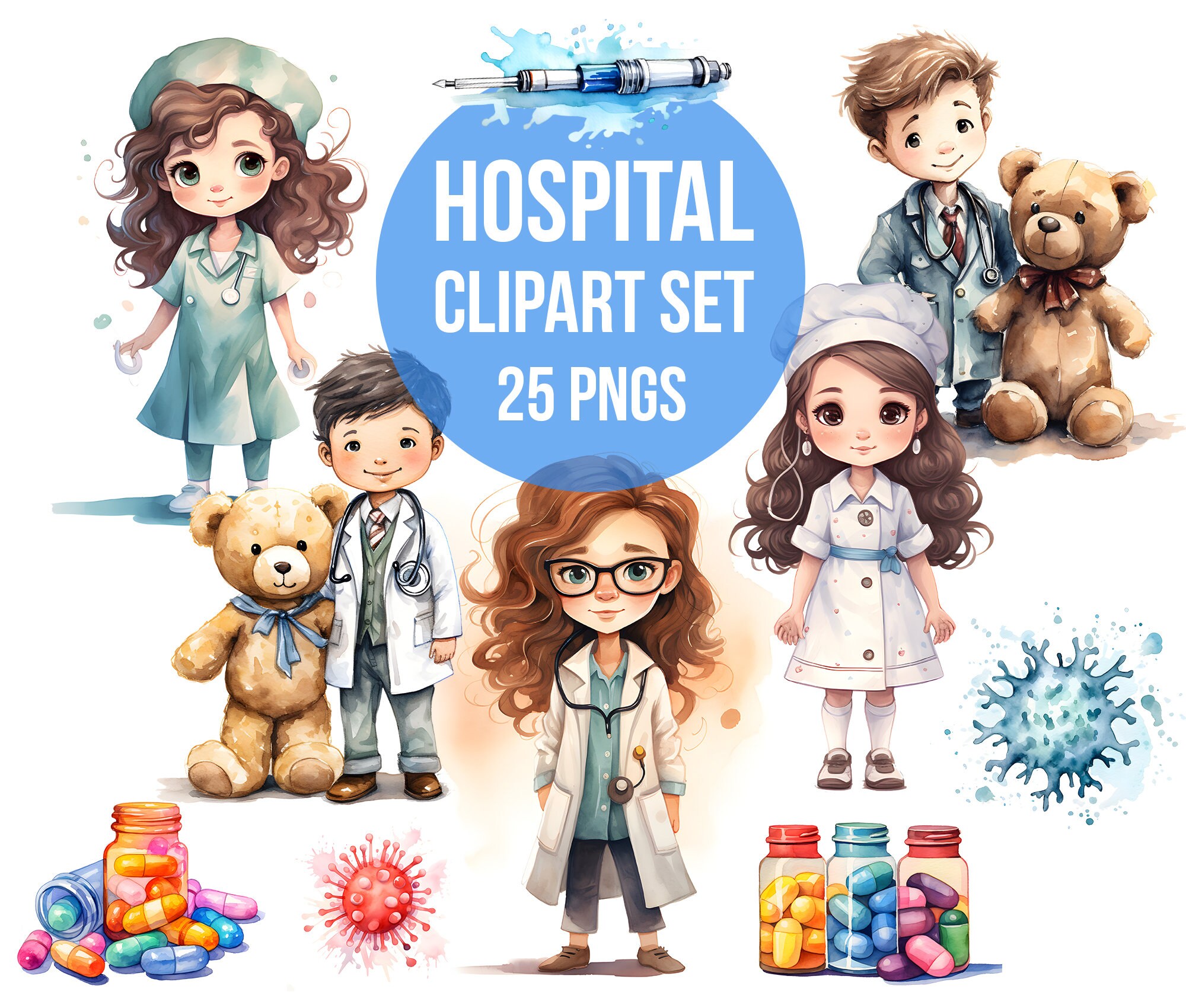 Watercolor Hospital Clipart Set, Adorable, Whimsical Style, Instant ...