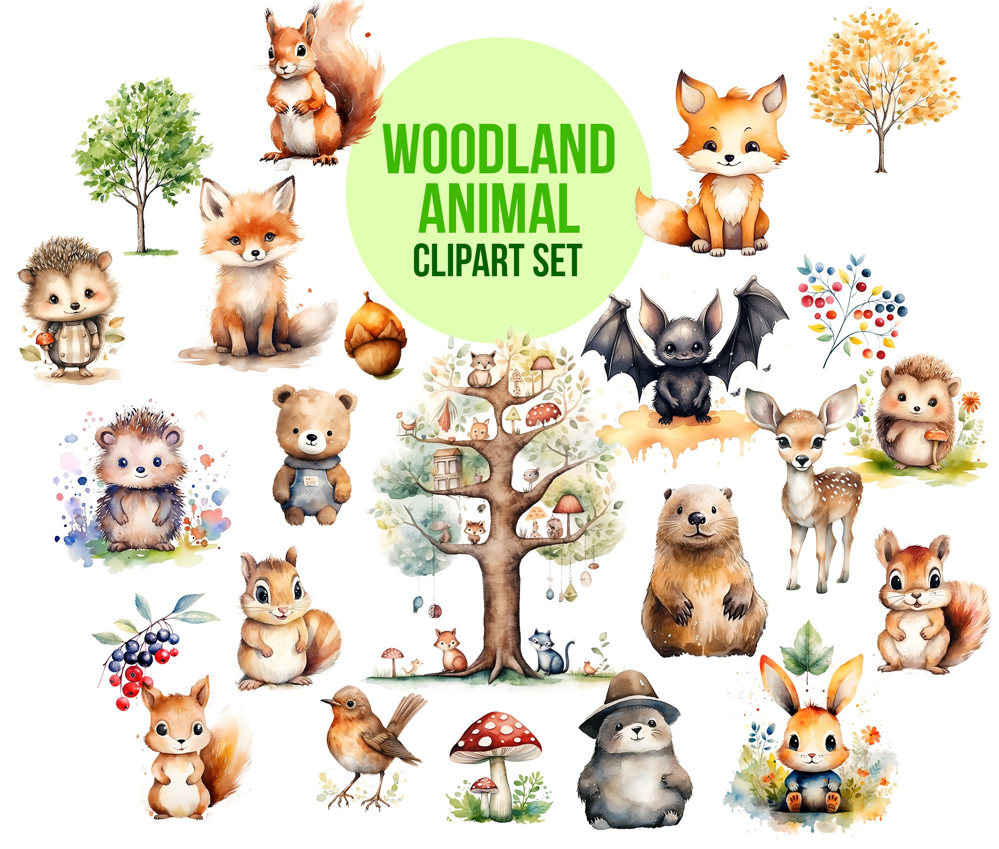 Watercolor Woodland Animal Clipart Set, Nursery, Kindergarten Clipart ...