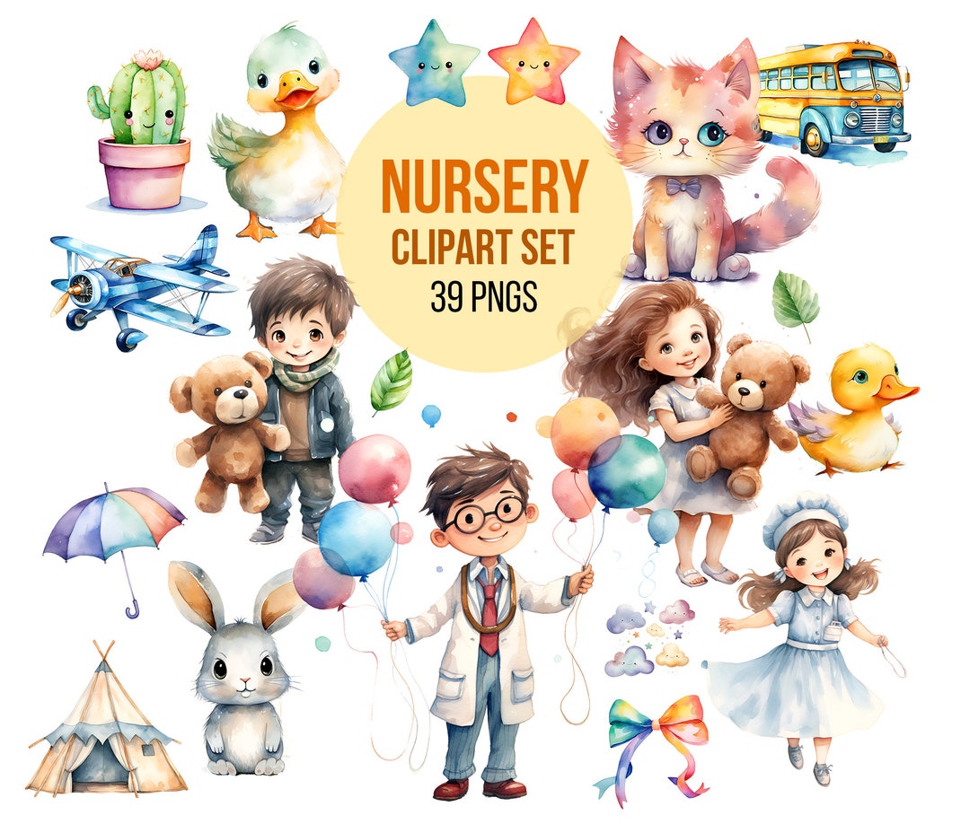 Watercolor Baby Nursery Clipart Set, Adorable Clipart Bundle for Kids ...
