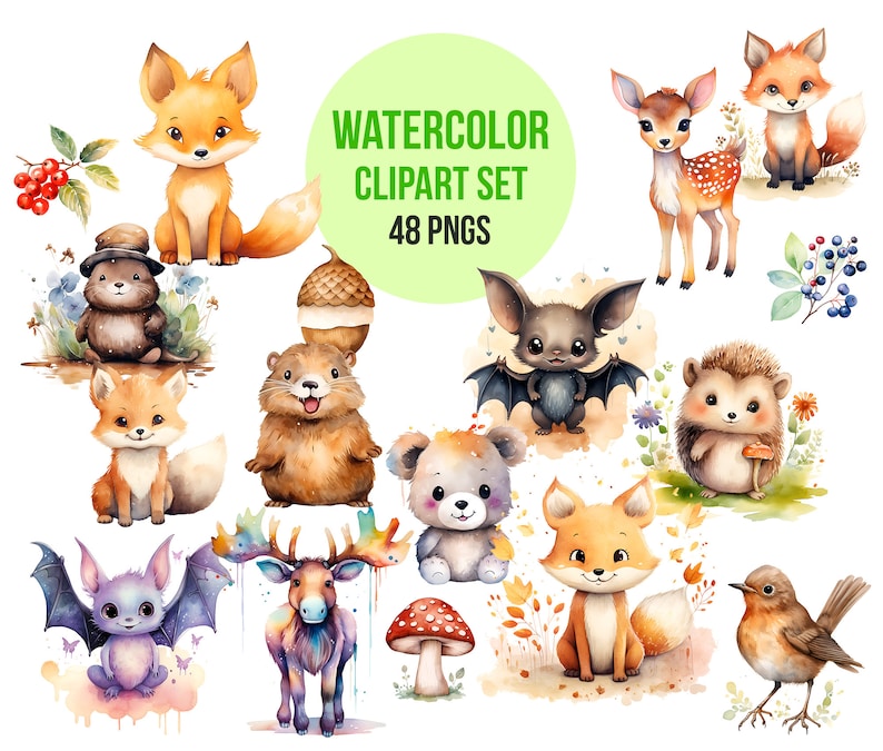 Watercolor Woodland Animal Clipart Set, Nursery, Kindergarten Clipart ...