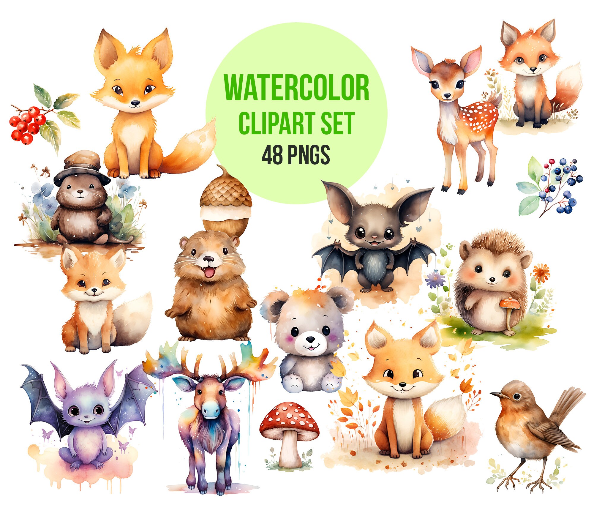 Watercolor Woodland Animal Clipart Set, Nursery, Kindergarten Clipart ...