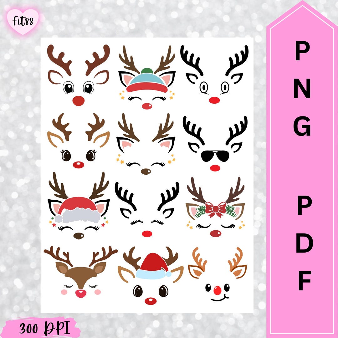 Reindeer Face Bundle, Reindeer Face PNG, Reindeer Face PDF, Reindeer ...
