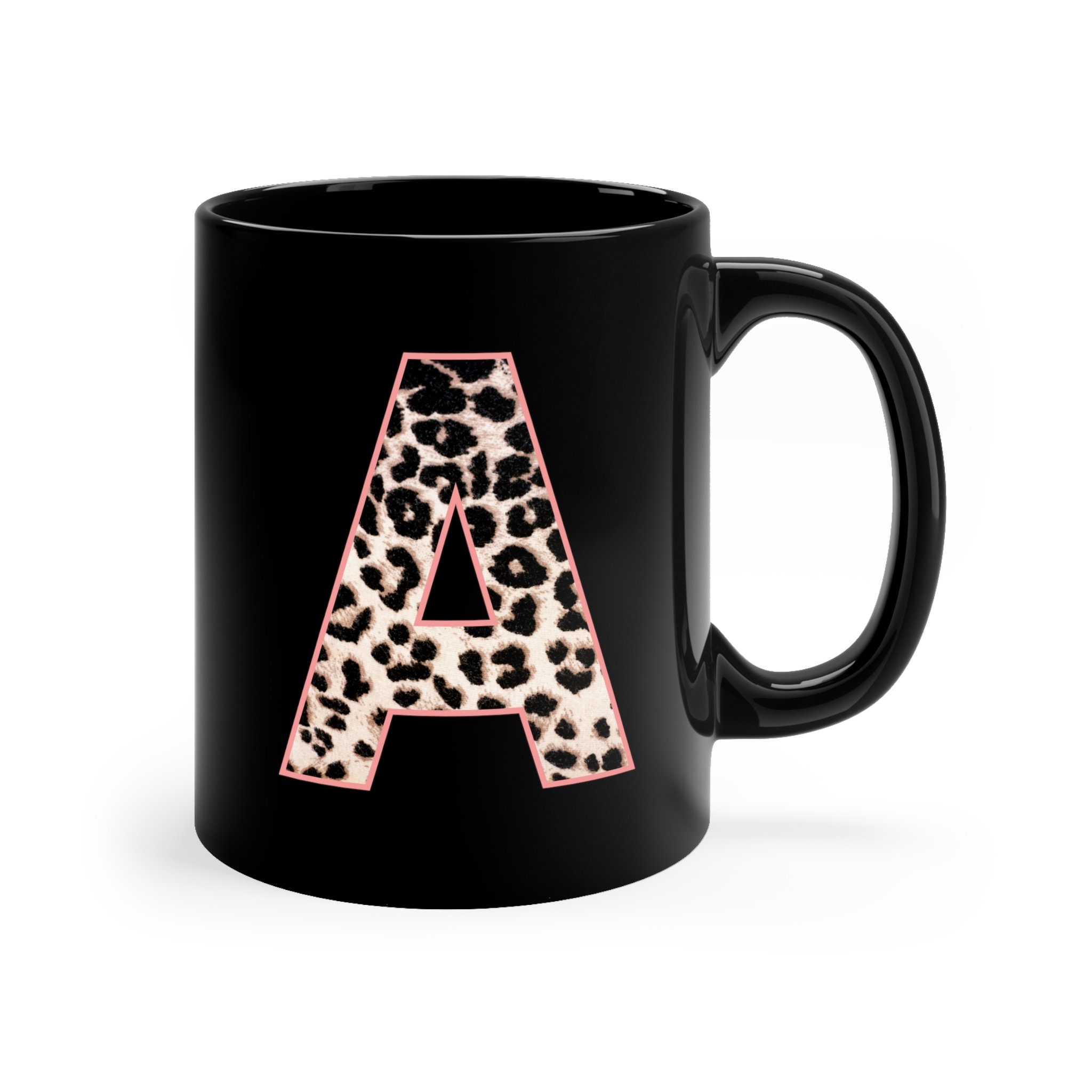 Personalised Leopard Print Initial 11oz Coffee Tea Mug in Black Custom ...