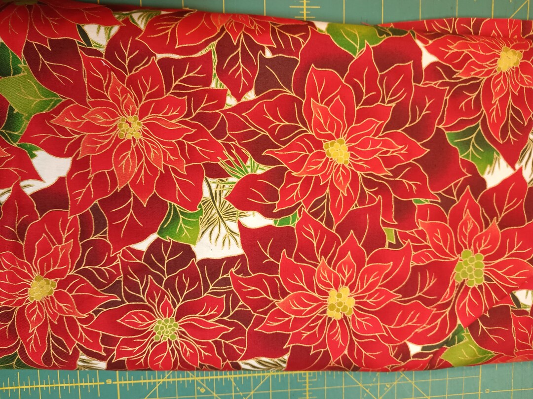 Large Red Poinsettia Christmas Fabric With White Background,large ...