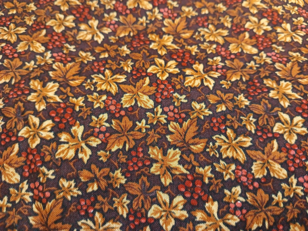 Dark Maroon, Brown and Coral Fabric With Small Maroon and Coral Berries ...