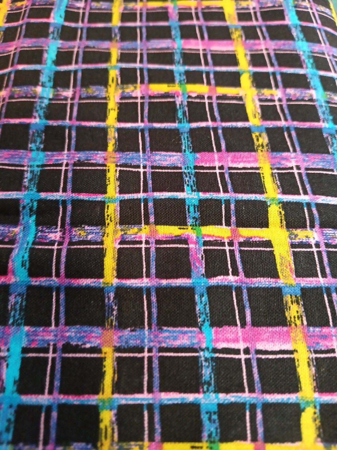 Black Fabric With Purple, Turquoise and Yellow Plaid Pattern, 100% ...