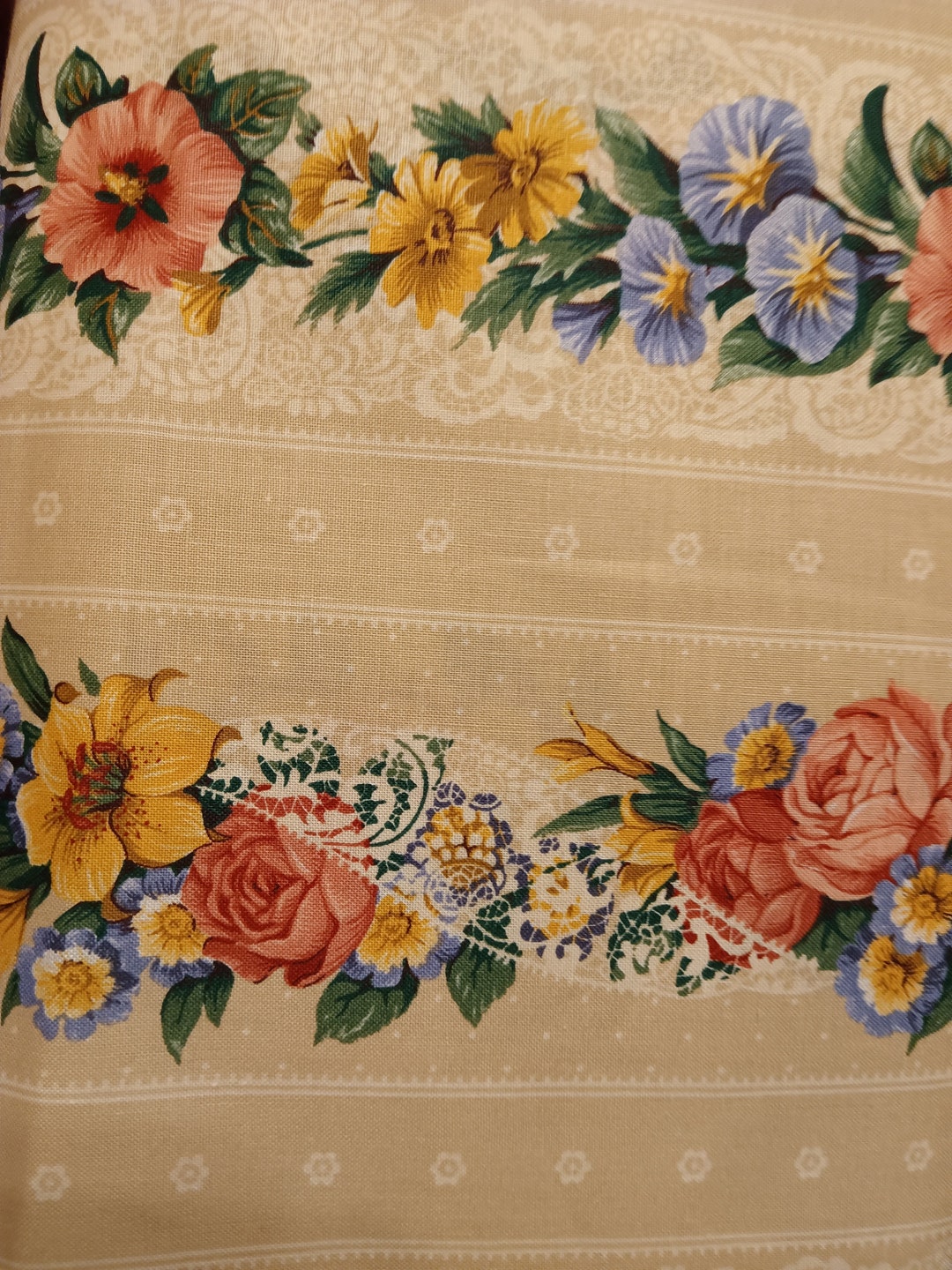 Pink Blue & Yellow Floral Border Fabric With Cream Background/fabric by ...