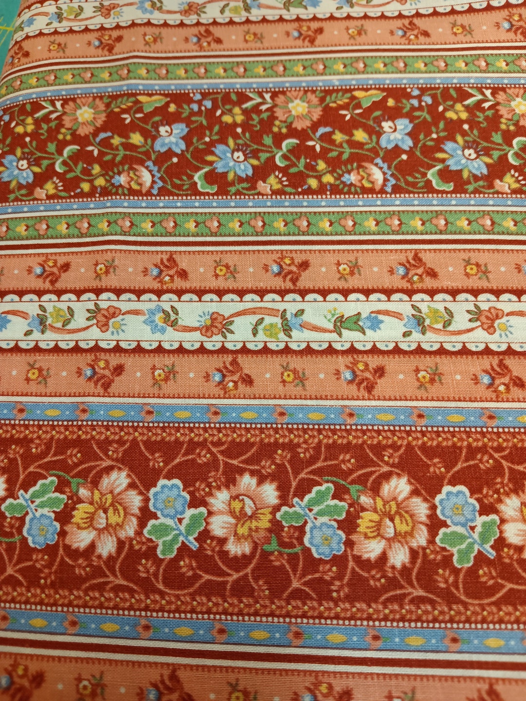 Coral, Blue,green and Golden Yellow Stripe Border Fabric/fabric by the ...