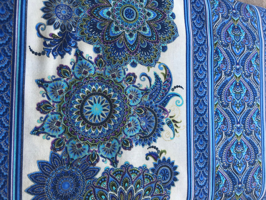 Turquoise and Blue Border Fabric With Medallion Designs by the Yard ...