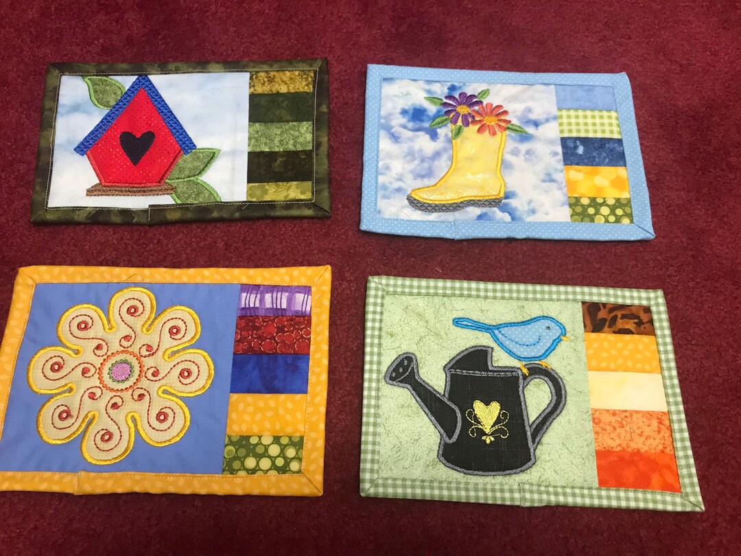 Set of 4 Fun and Springy Mug Rugs, Mini Quilts for Coffee Drinkers ...