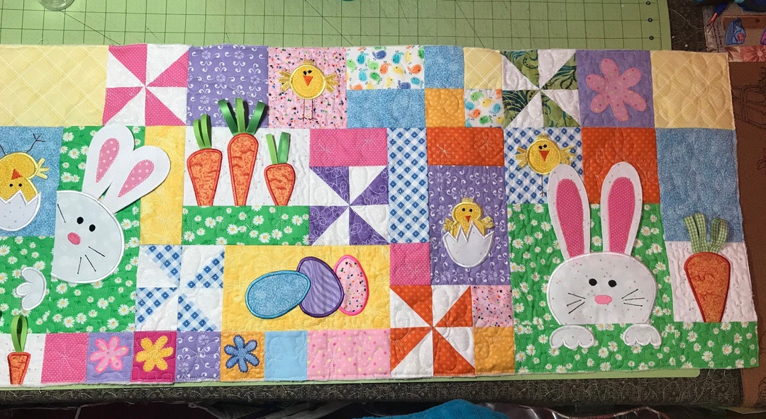 Ready to Ship Quilted Easter Bunny and Chicks Bench Pillow Cover or ...
