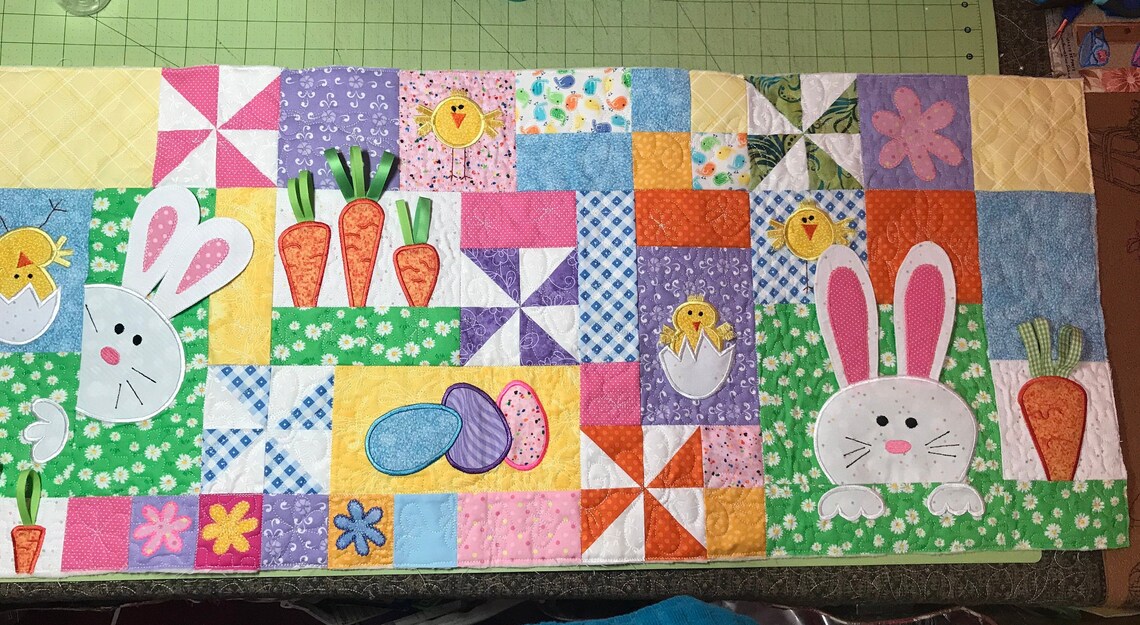 Ready to Ship Quilted Easter Bunny and Chicks Bench Pillow Cover or ...
