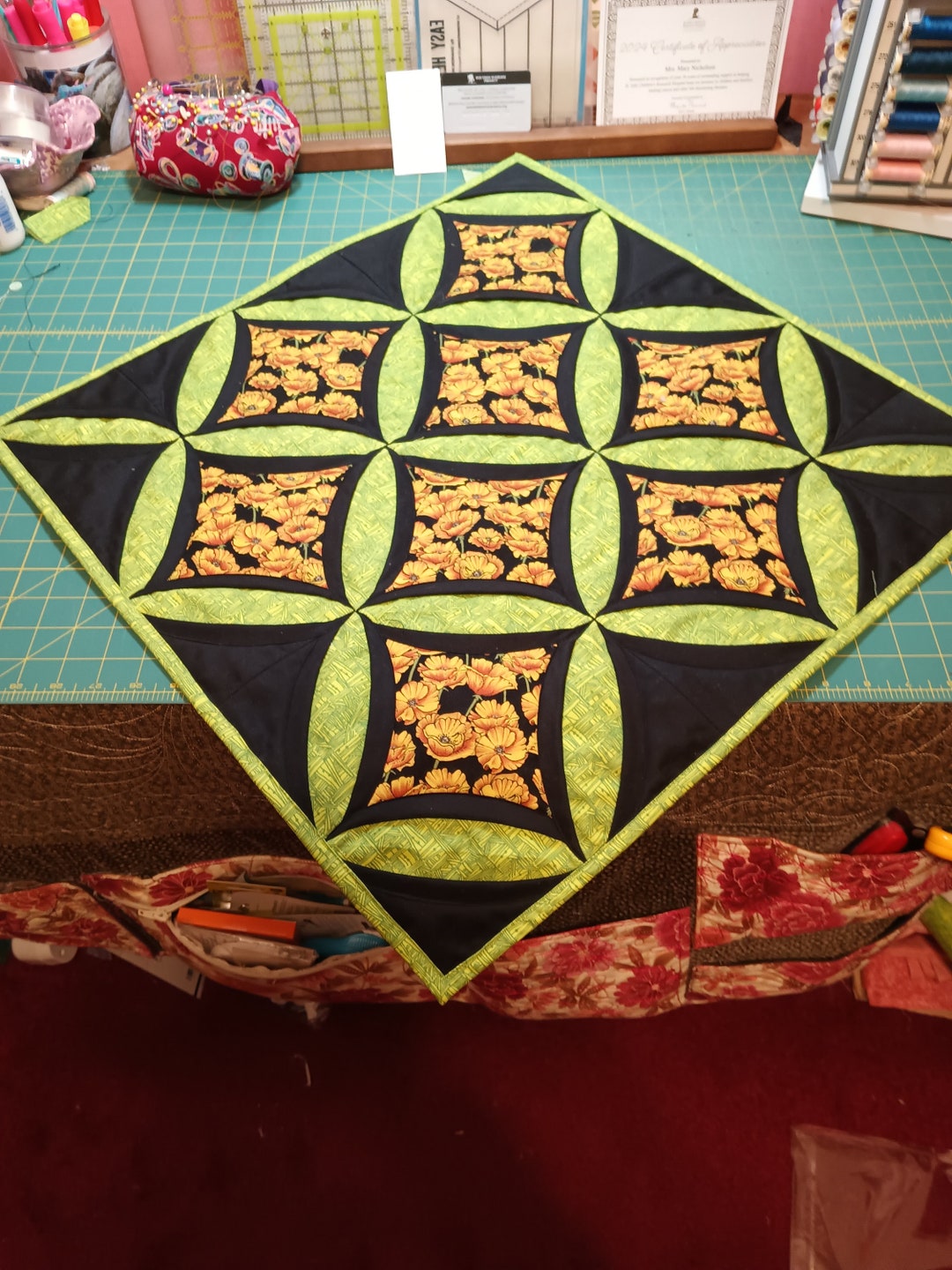 Lime Green and Gold Cathedral Window Quilt or Wall Hanging With Black ...