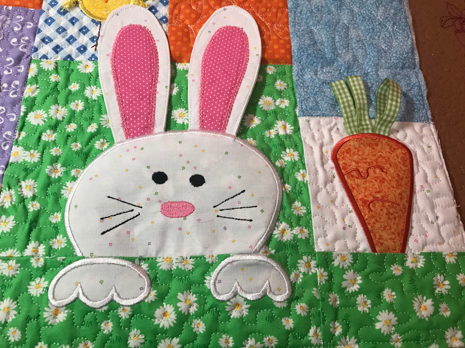 Ready to Ship Quilted Easter Bunny and Chicks Bench Pillow Cover or ...