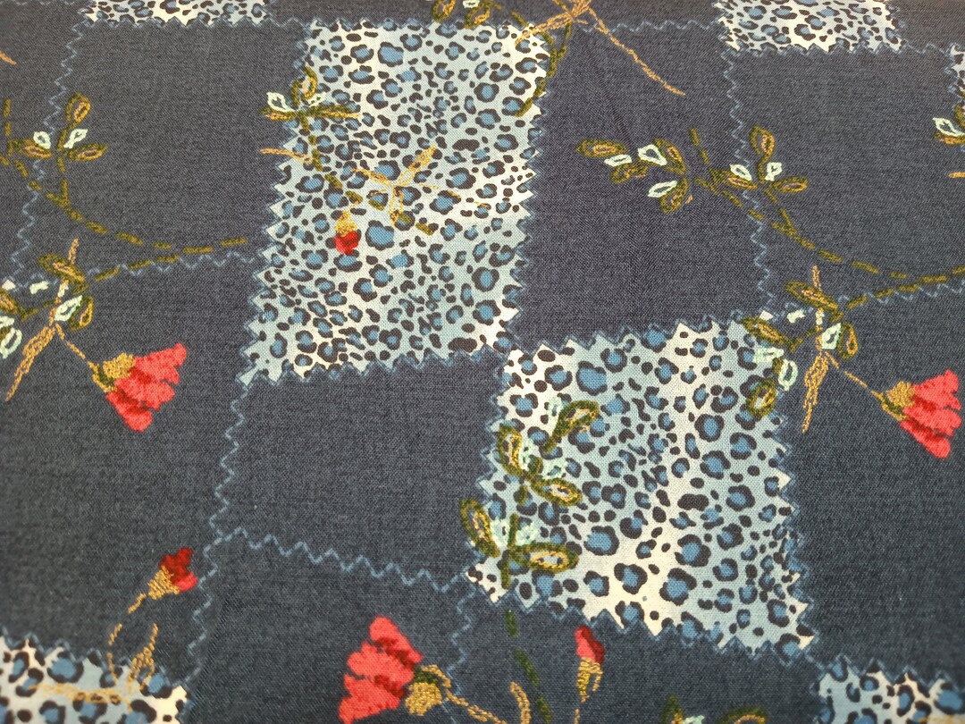 Dark Blue and Blue Cheetah Fabric With Coral and Maroon Flowers, 100% ...