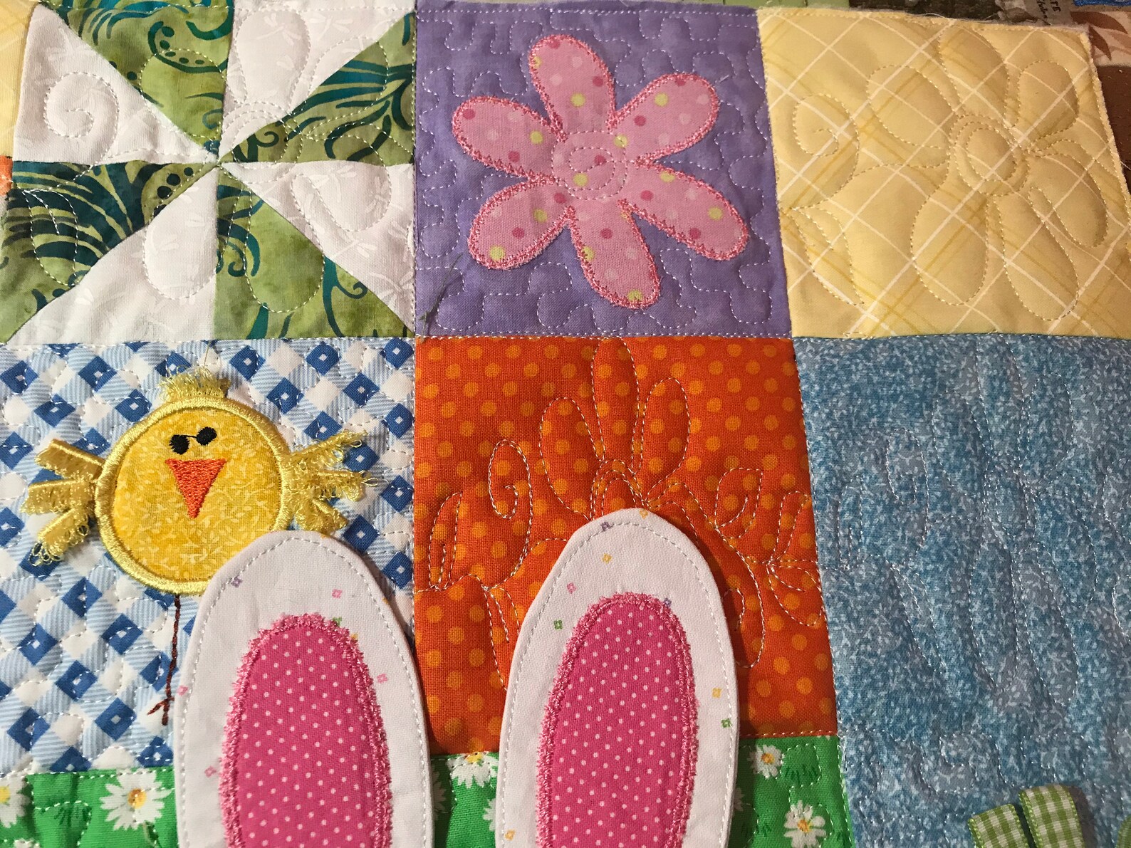 Ready to Ship Quilted Easter Bunny and Chicks Bench Pillow Cover or ...