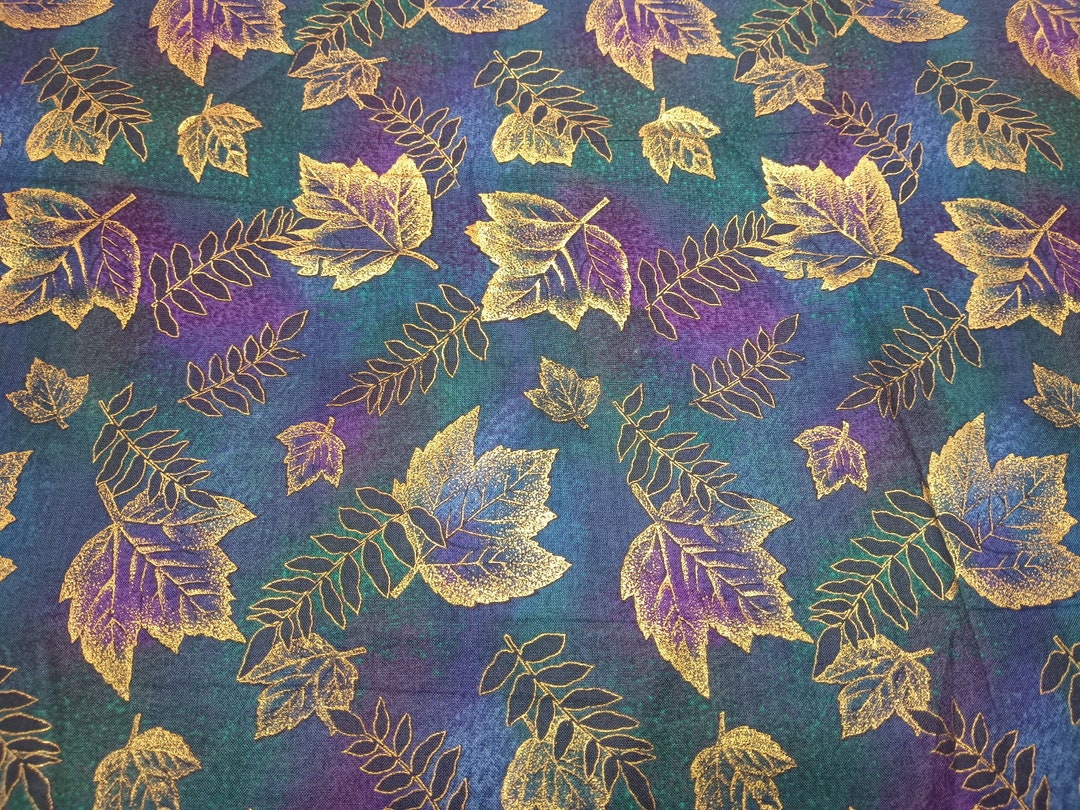 Purple & Dark Teal With Leaf Pattern and Gold Accent,fabric by the Yard ...
