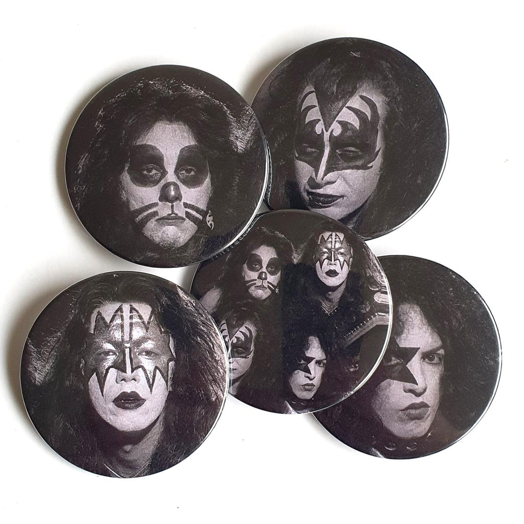 KISS 1974 Black & White Badge Button Set 57mm 2 1/4" Pins Pinback Gene ...