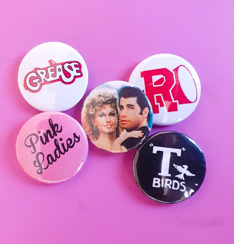 GREASE Badge Button Set of 5 25mm 1" Pins Pinback 1970s Movie Vintage ...