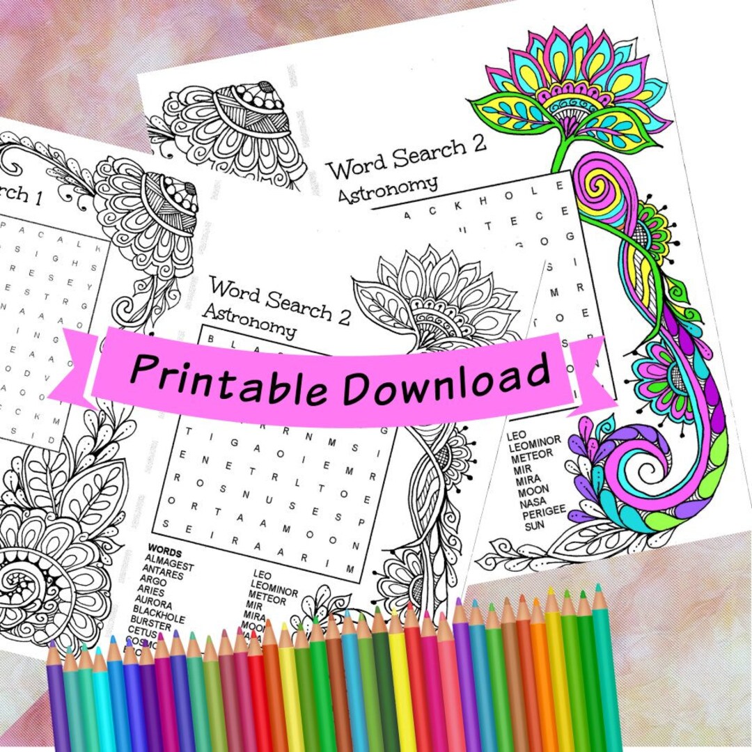 Set of Word Search Puzzles, With Adult Coloring Designs. Instant ...