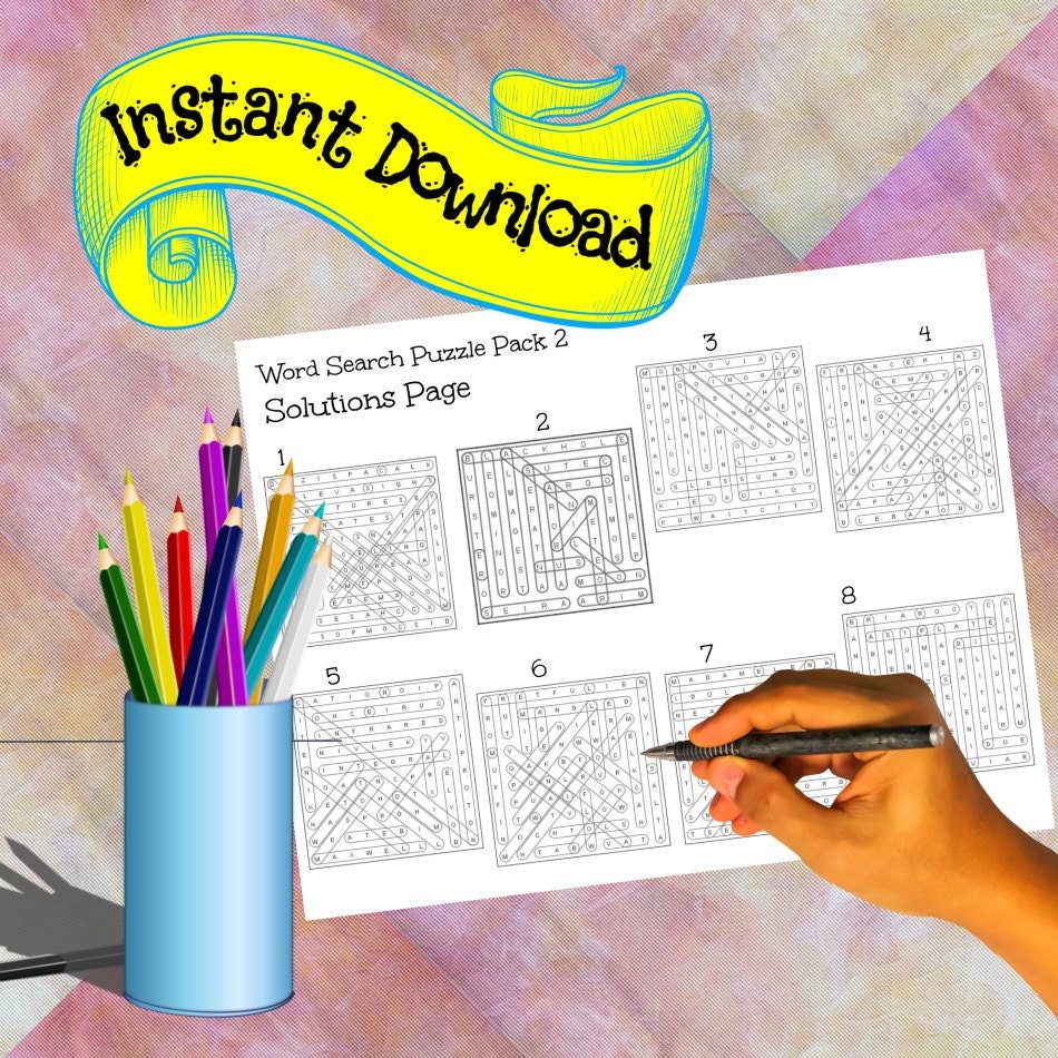 Set of Word Search Puzzles, With Adult Coloring Designs. Instant ...