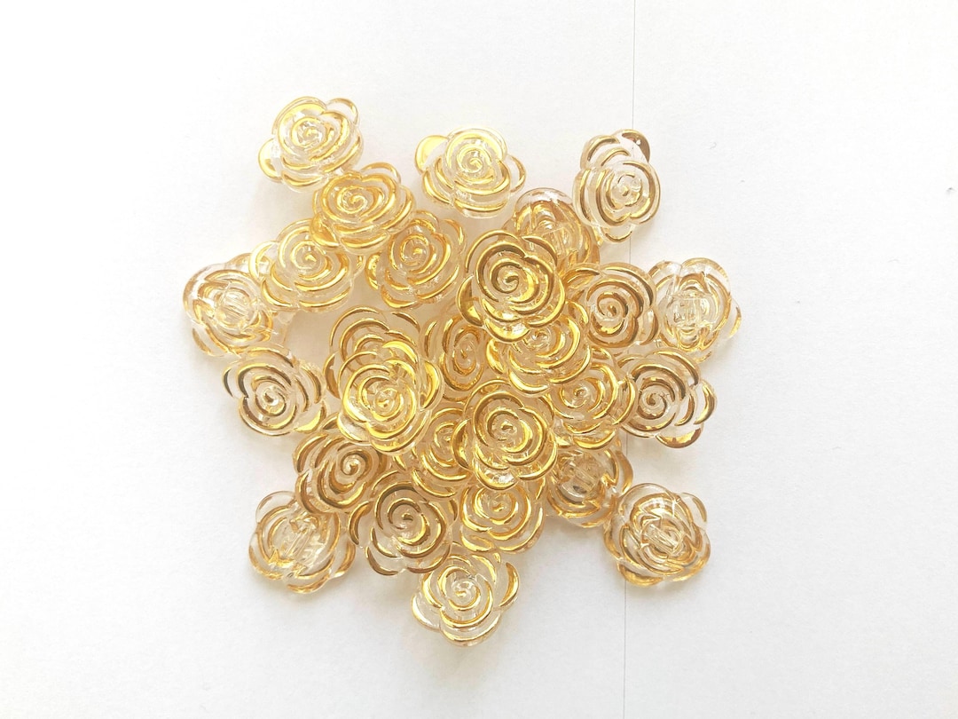 12+ Gold Rose Shaped Buttons - Lightweight Resin Clear & Gold Flower ...