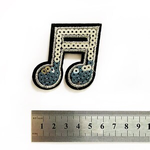 3 X Silver Music Note Patches - Sequin Iron on Music Patch - 5.5cm X 5 ...