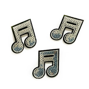 3 X Silver Music Note Patches - Sequin Iron on Music Patch - 5.5cm X 5 ...