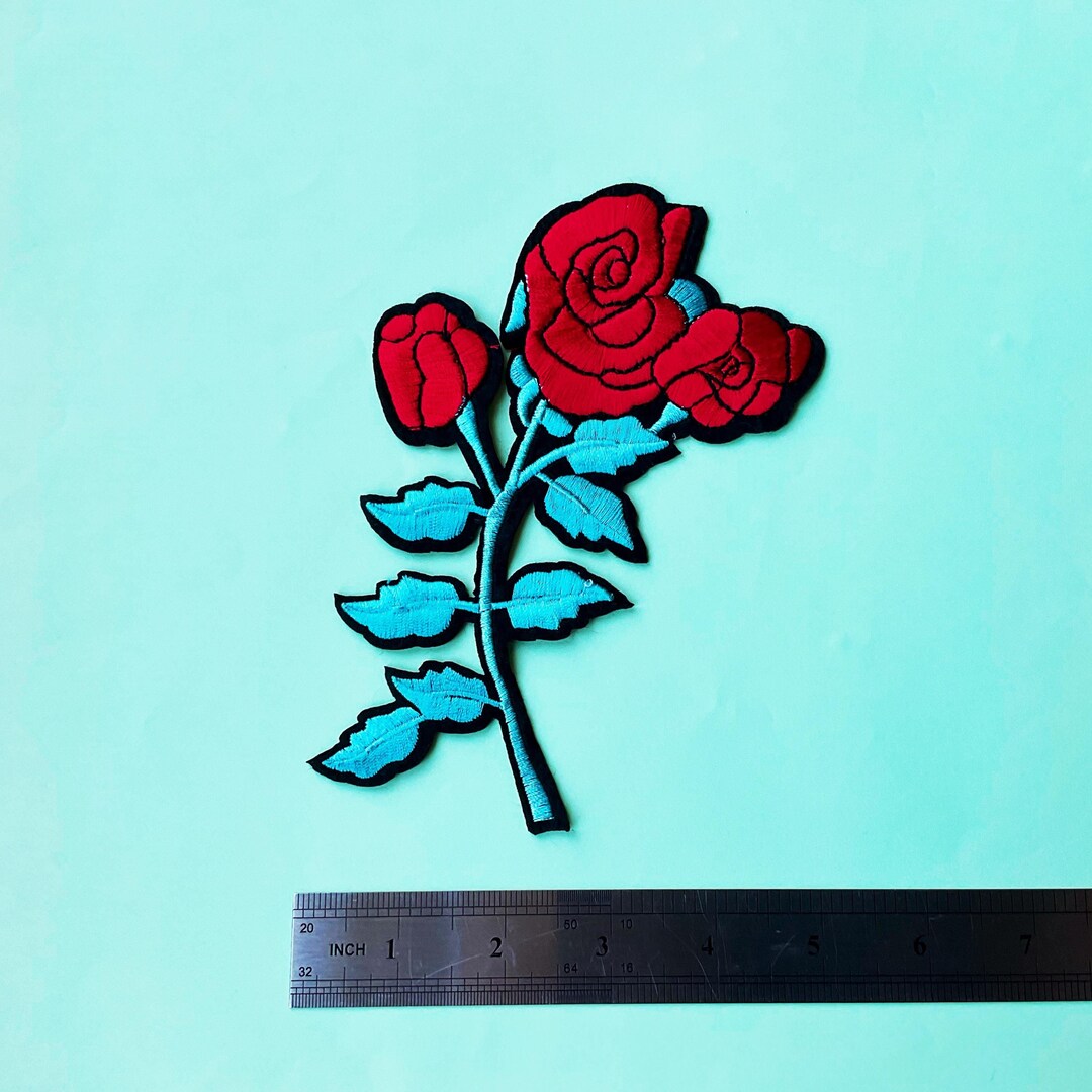 Large Red Rose Patch With Leaves - Embroidery Flower Badge Iron on ...