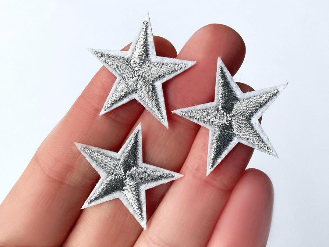 Set of 3 Small Silver Star Patches - Iron on Sew on Full Embroidered Patch - Little Silver Star ...