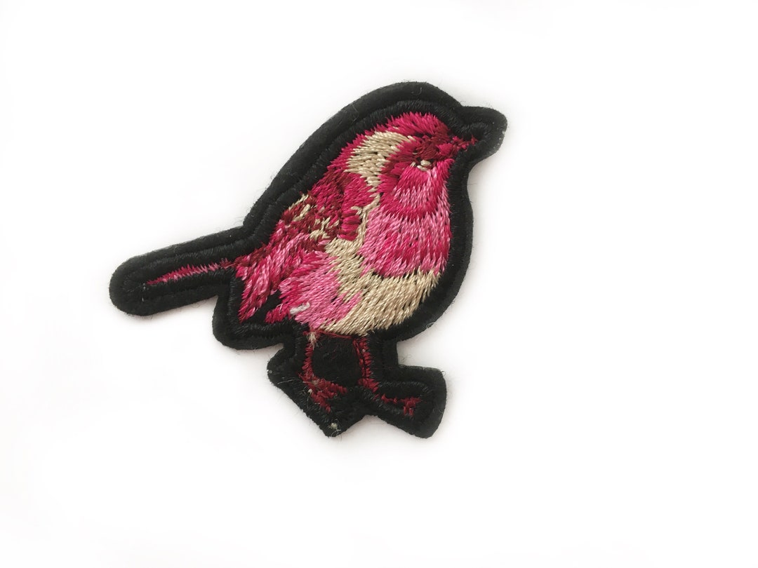Small Pink Bird Patch - Iron on Embroidered Applique Bird on Black ...
