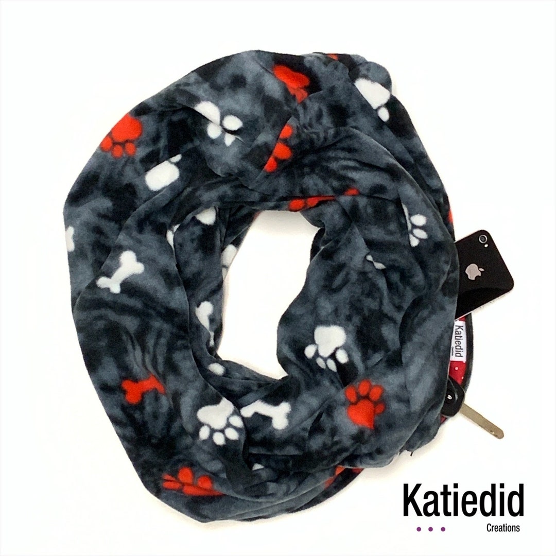 Paw Print Fleece Infinity Scarf With Zipper Pocket Great Gift Idea - Etsy