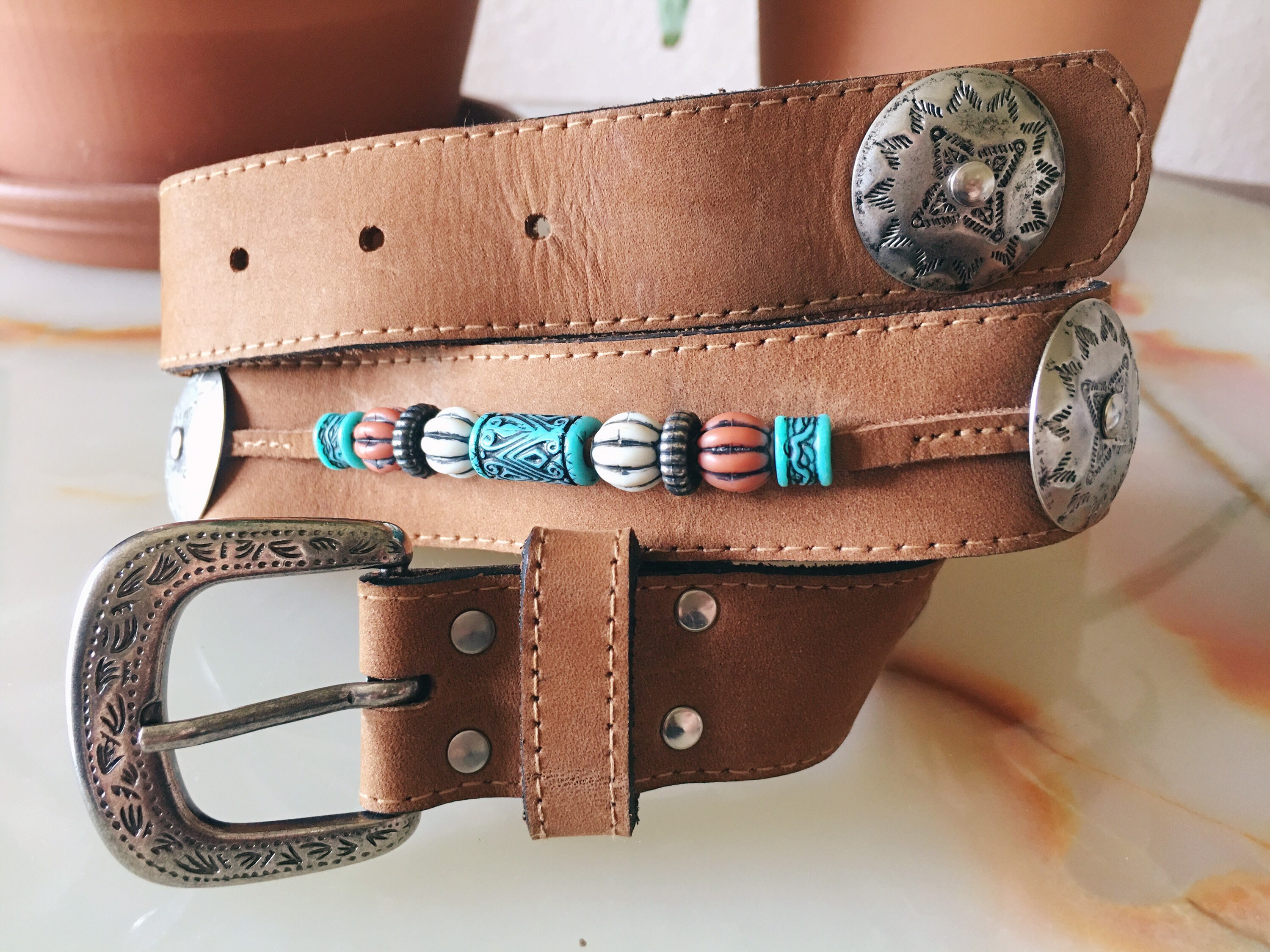 Vintage 90s Leather Belt // Beaded Conchos // 32 // Boho Vintage 90s Leather Belt // Beaded Conchos // 32 // Boho