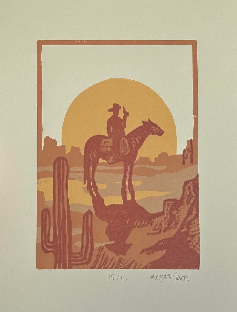Western Cowboy Linocut Print - Etsy
