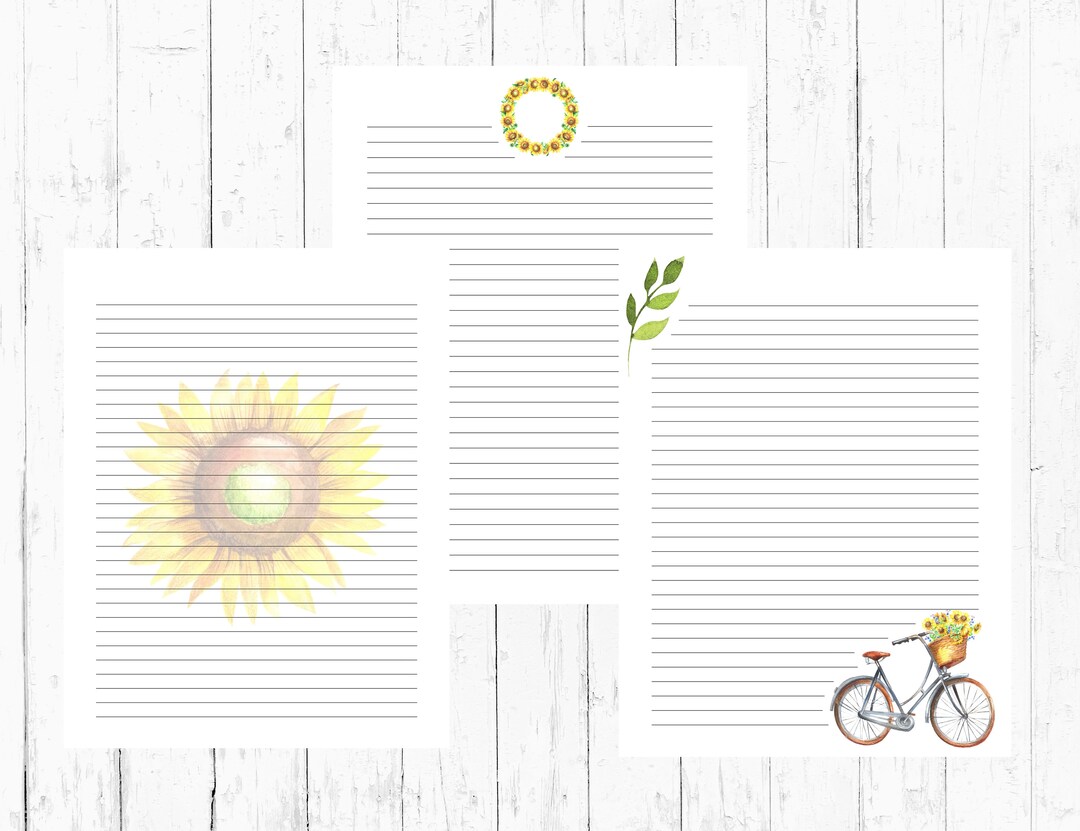Printable Sunflower Lined Letter Writing Paper, Set of 3, 8.5 X 11 In ...