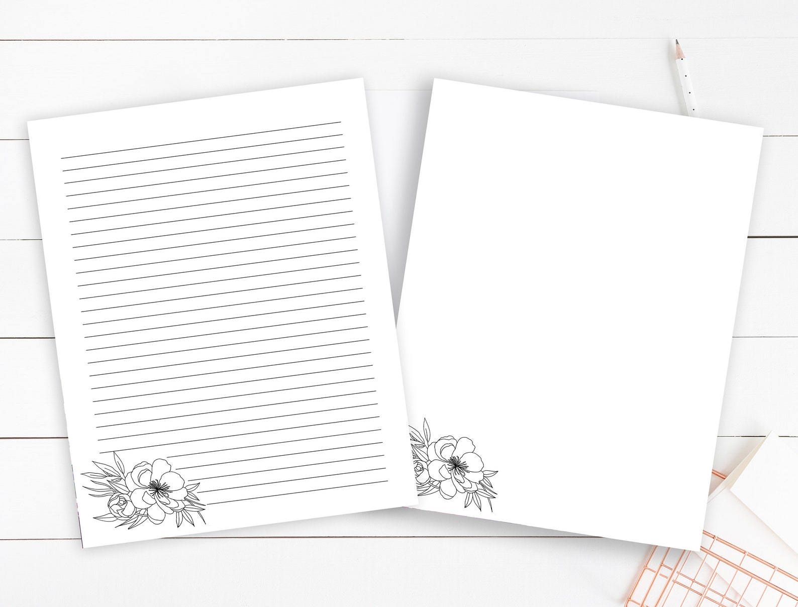 Black and White Floral Lined Stationery Printable, Set of 3 , US Letter ...