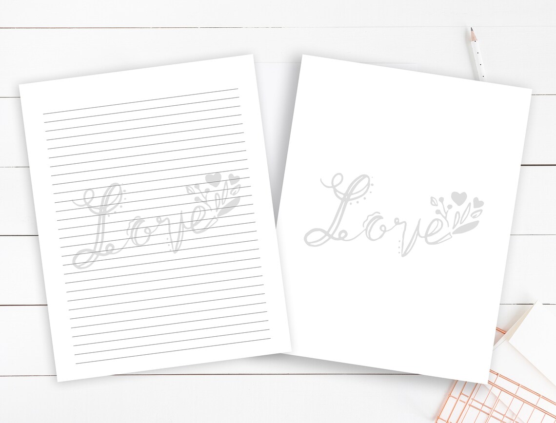 Watermark Love Theme Blank and Lined Printable Writing Paper, Black and ...