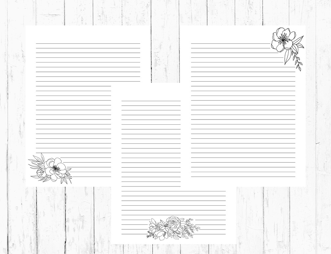 Floral Lined Stationery: Black and White Letter Writing Paper (digital ...