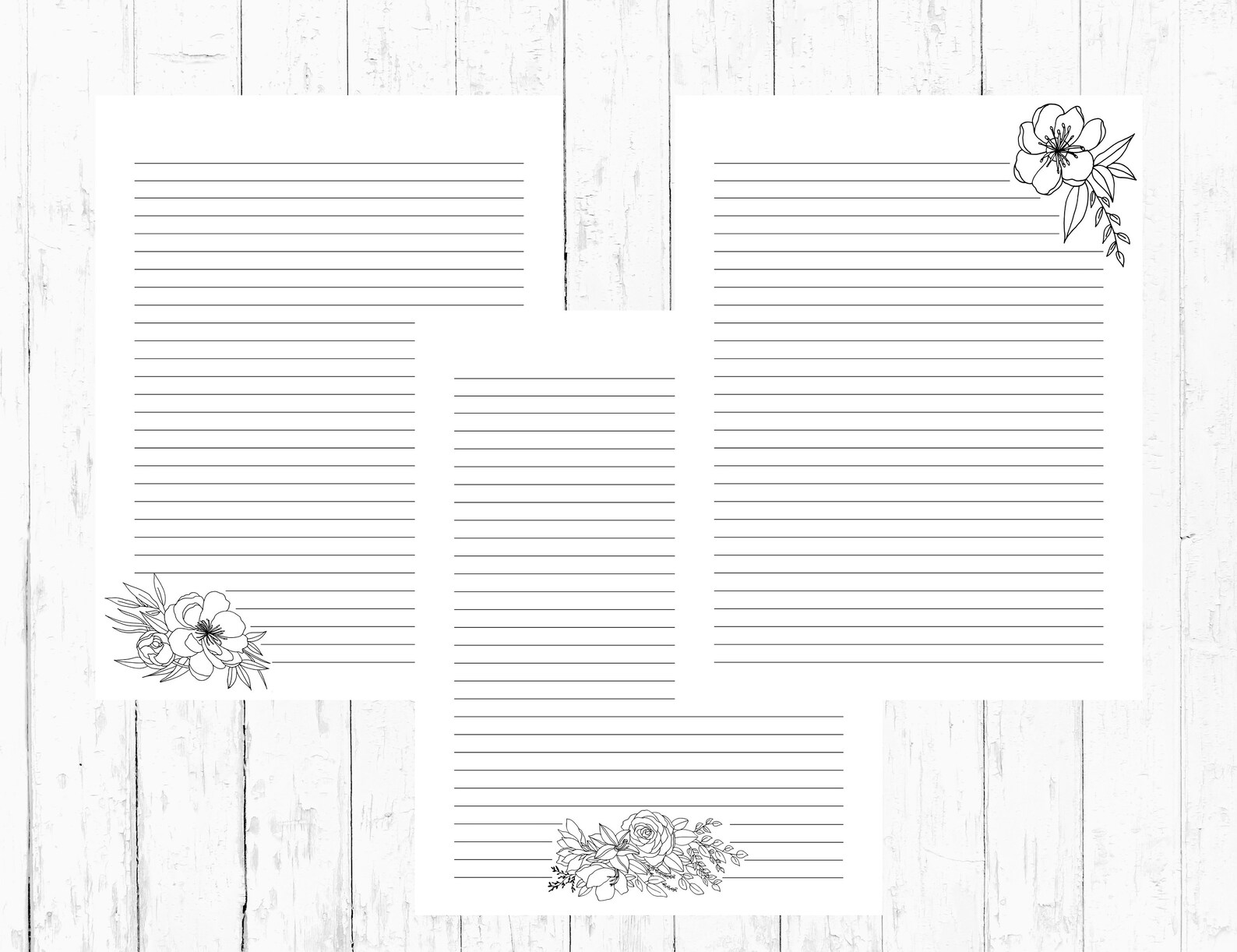 Black and White Floral Lined Stationery Printable, Set of 3 , US Letter ...
