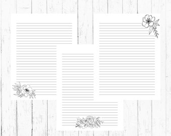 Lined Black and White Floral Doodles Printable Stationery , US Letter ...