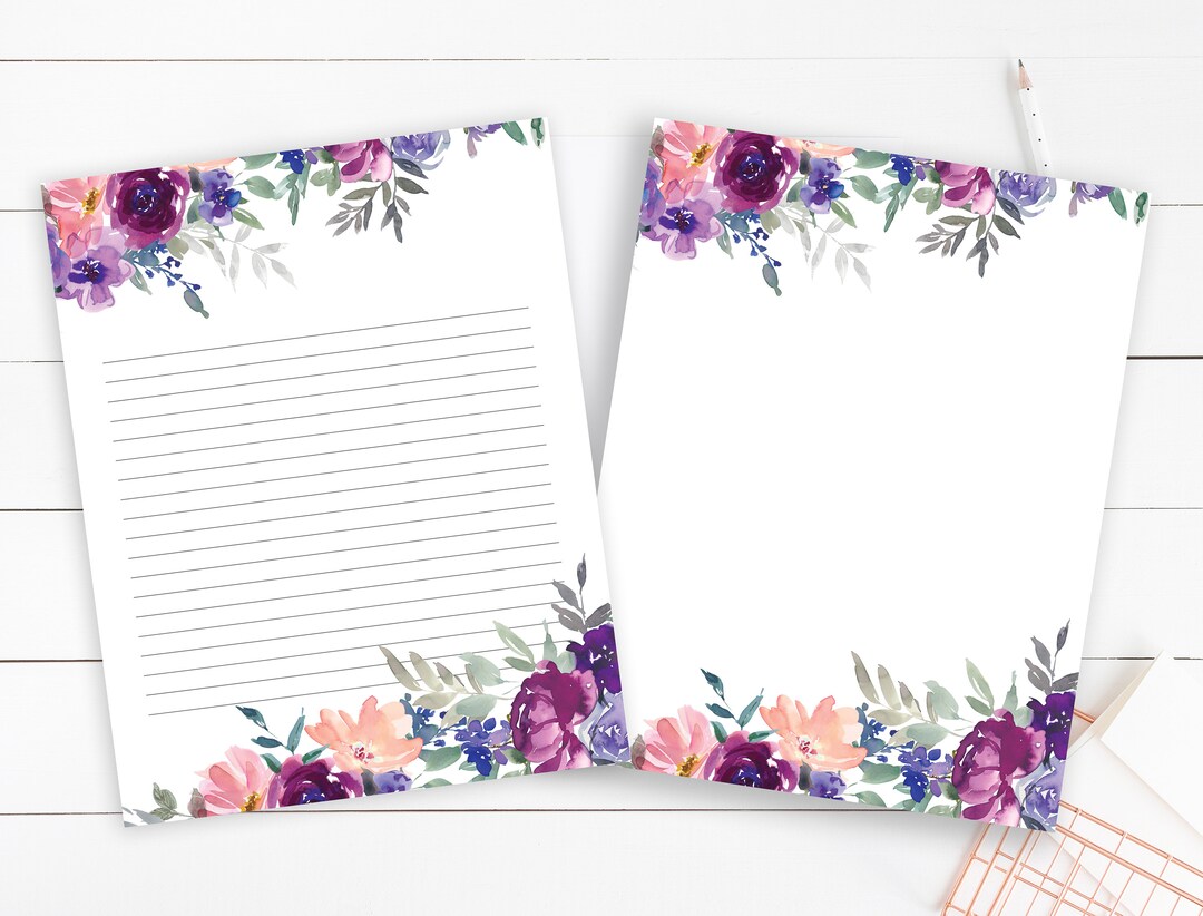 Purple Floral Stationery: Lined Letter Writing Paper (digital Download ...