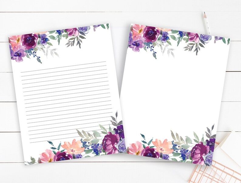 Purple Floral Stationery: Lined Letter Writing Paper (digital Download ...