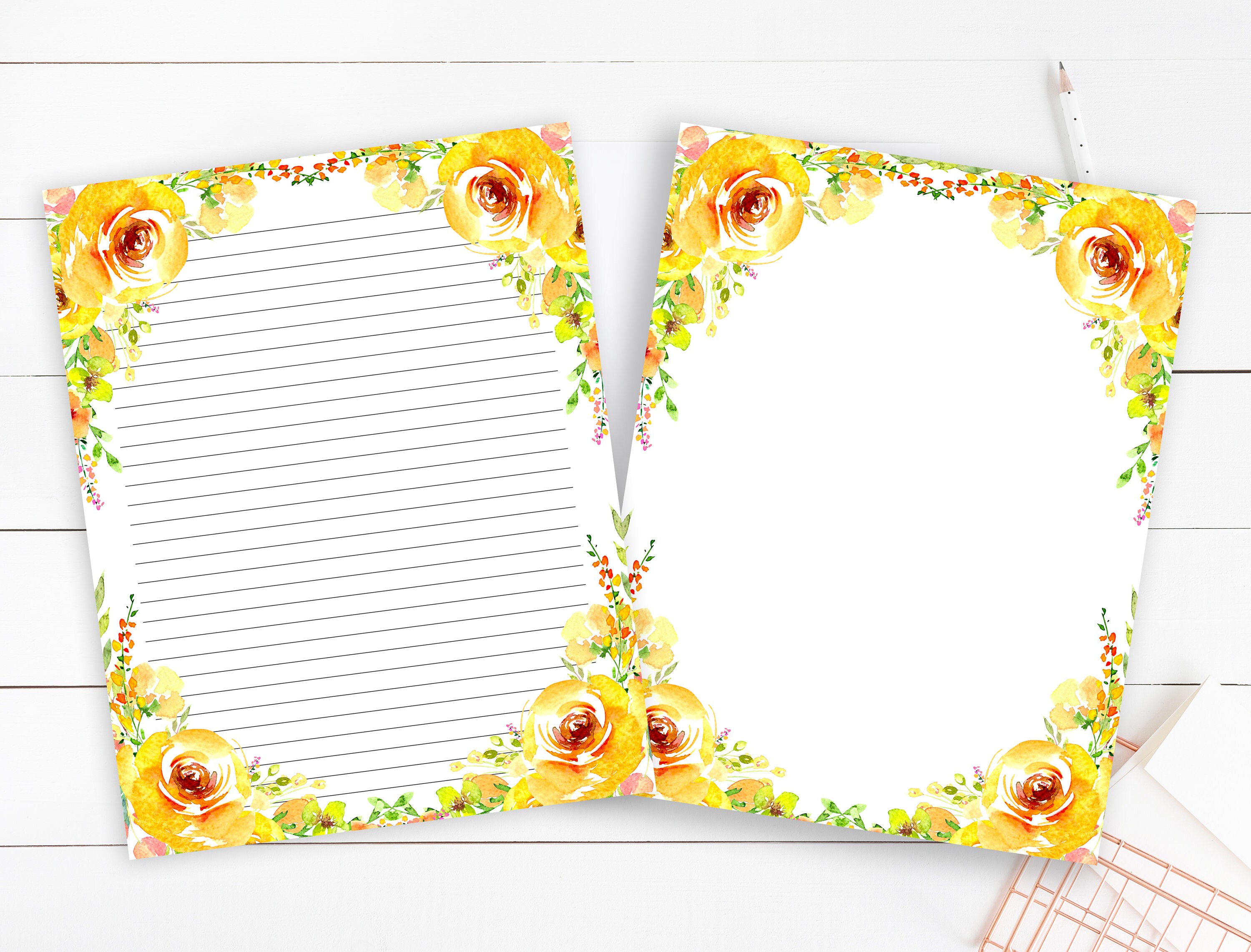 Printable Watercolor Yellow Roses Floral Lined Stationery, Ruled Floral ...