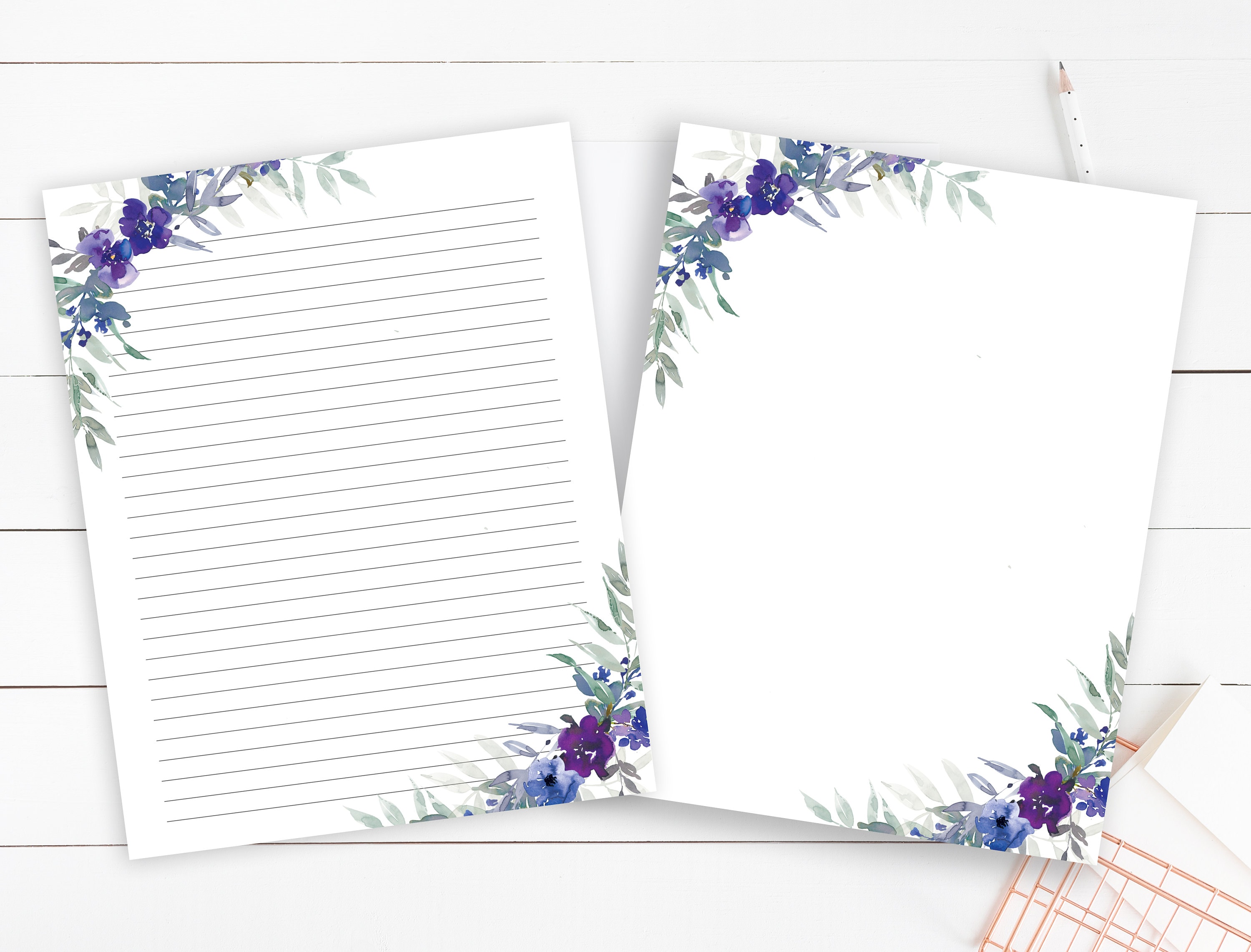 Printable Floral Lined Writing Paper, Dark Puple and Blue Floral ...